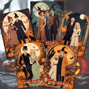 Printable Halloween Gallery, Set of 5 Postcards Bundle, Digital ...