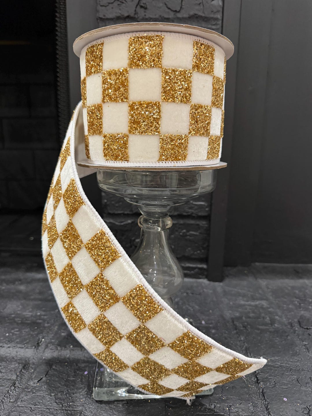 Chunky Checks Gold and White Velvet Ribbon 4" - Etsy