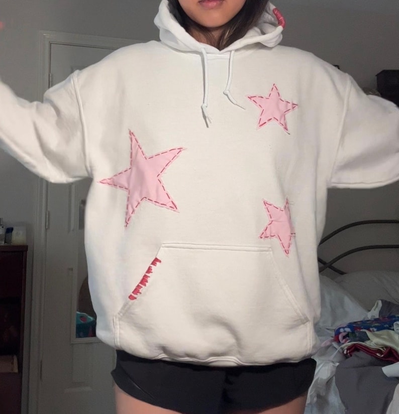 Star Patchwork Hoodie Embroidered Stars Patchwork Hoodie Trendy Hoodie ...