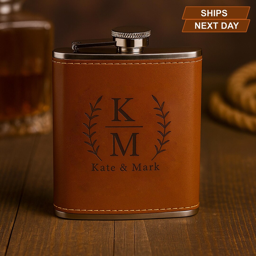 Custom Engraved Leather Flask, Personalised Flask for Mens, Wedding ...
