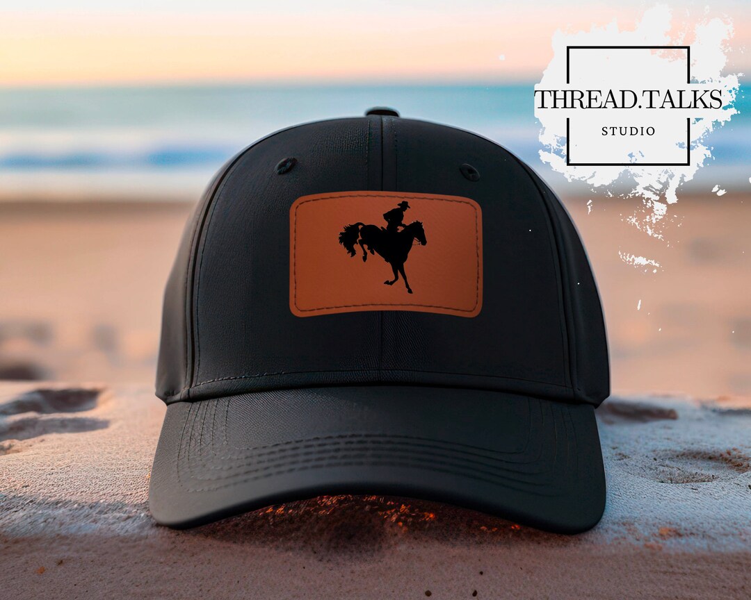 Cowboy Riding Bucking Bronco Leather Patch Hat Western Style Cap Rodeo ...