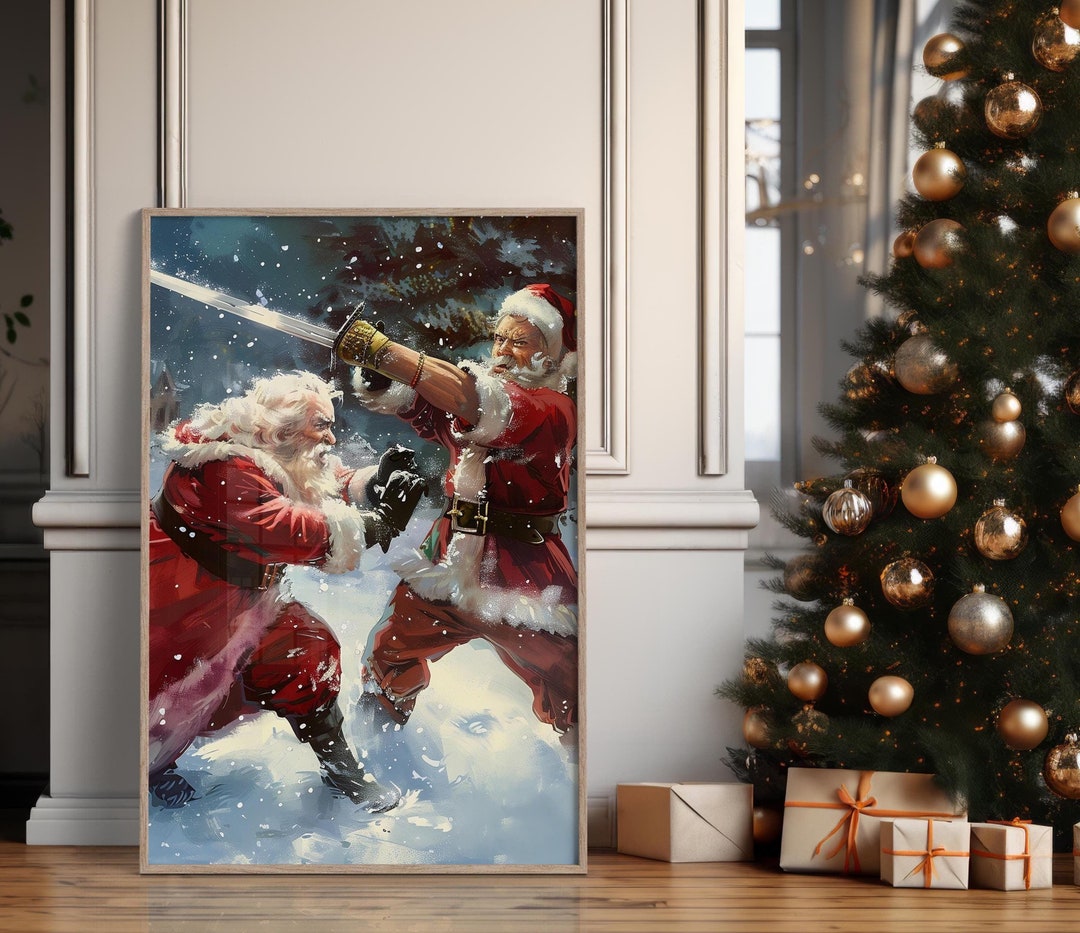 Christmas Santa Fighting in Snow Wall Art Holiday Wall Art Decor ...