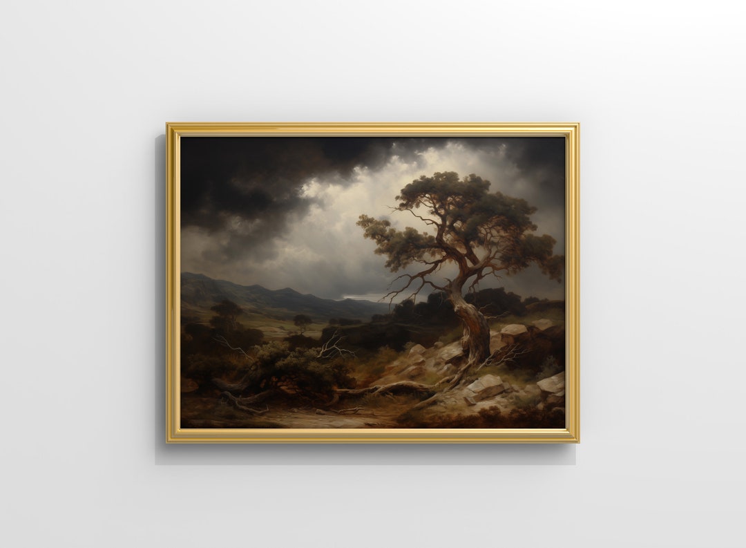 Brooding Landscape Lone Tree Painting - Dramatic Sky Nature Print for ...