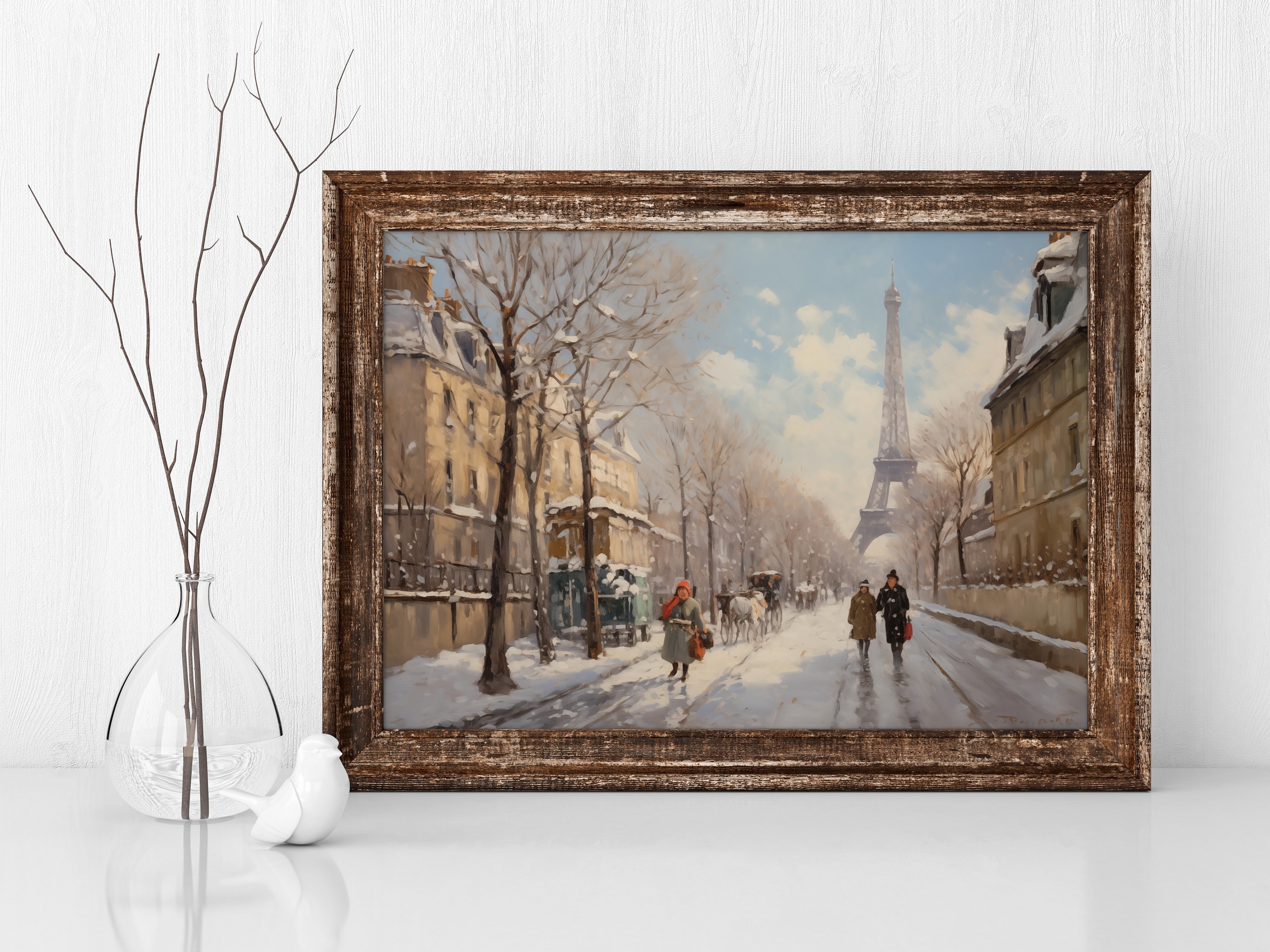 Snowy Paris Street Art Print - Eiffel Tower Winter Scene, Vintage ...