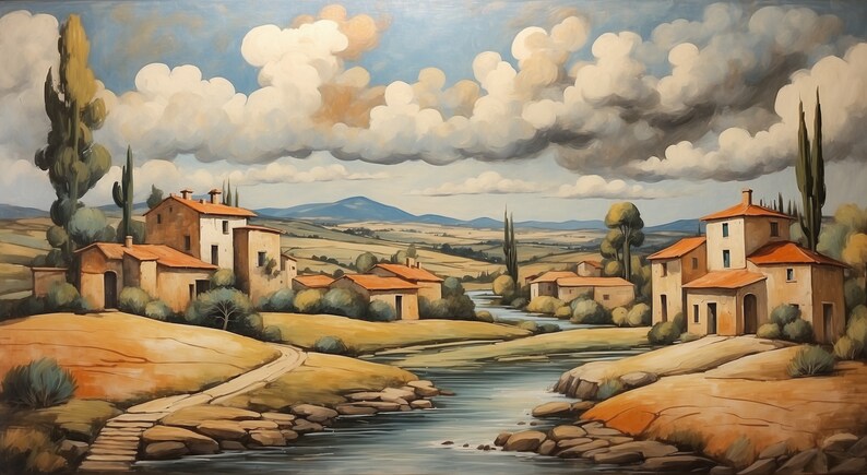 Rustic Riverfront | Village Painting | Countryside Rolling Landscape ...