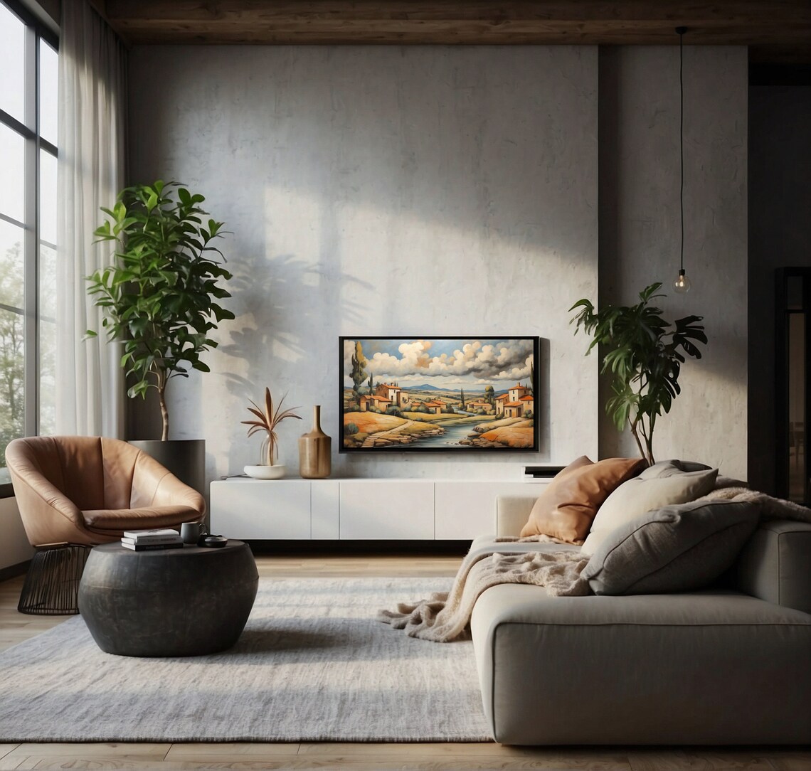 Rustic Riverfront Village Painting Countryside Rolling Landscape ...