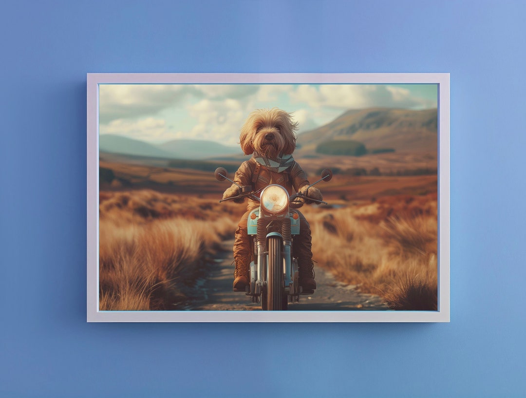 Dog on Bike Poster, Cute Puppy Print, Funny Cockapoo on Motorcycle Wall ...
