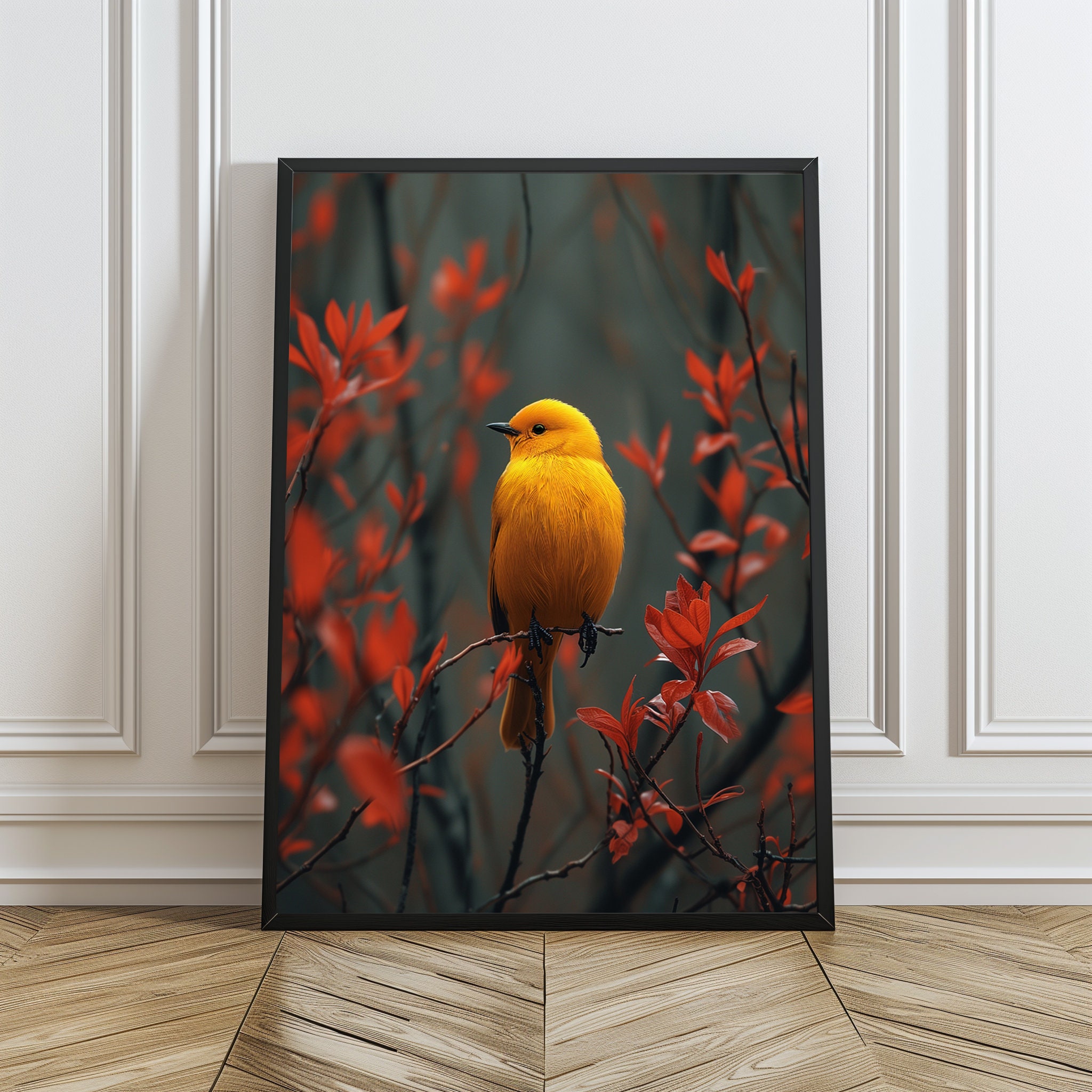 Yellow Bird With Red Leaves Poster, Bird Lover Home Decor, Exotic Bird ...