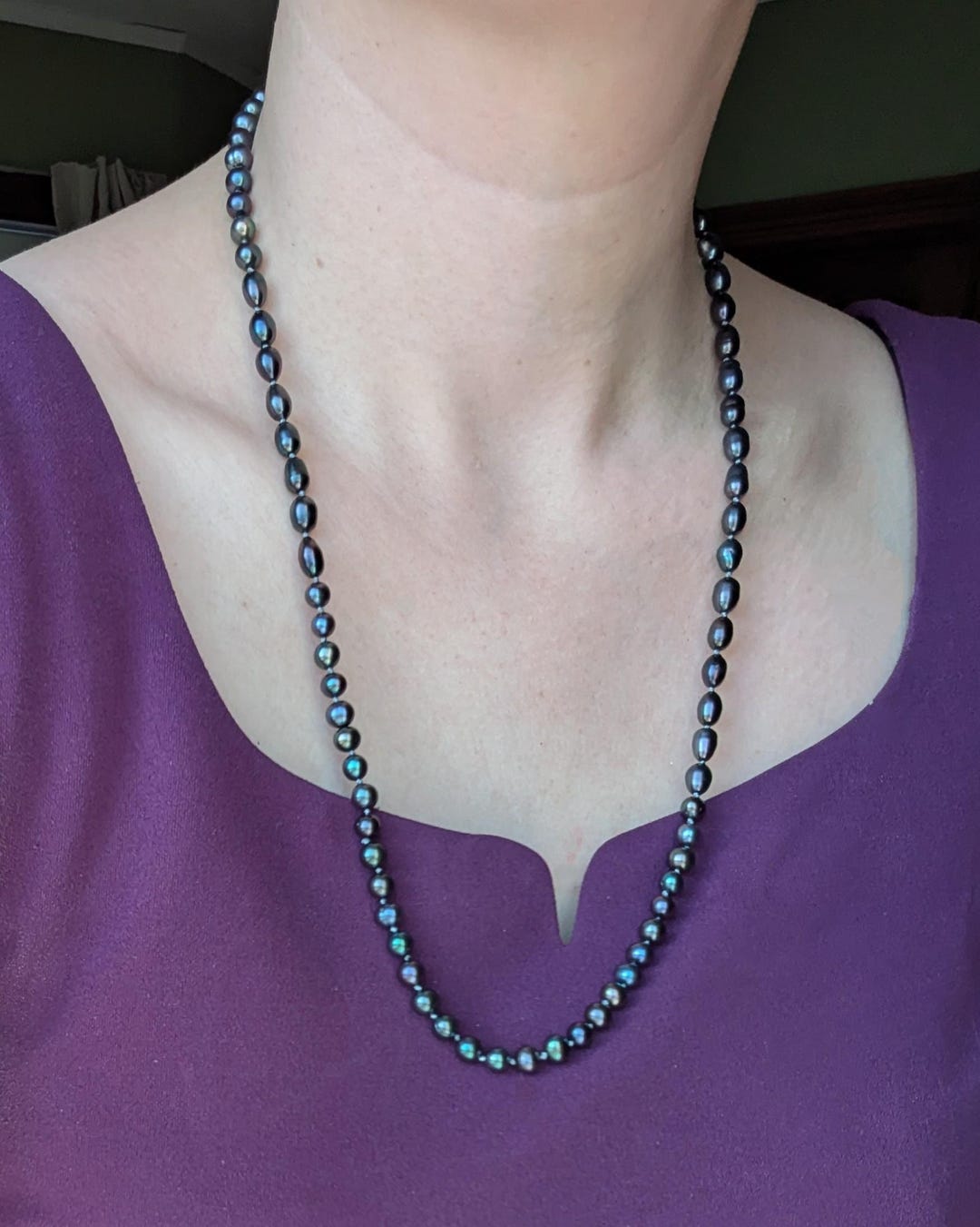 Dark Peacock Freshwater Pearl Hand-knotted Silk Sterling Silver Long ...