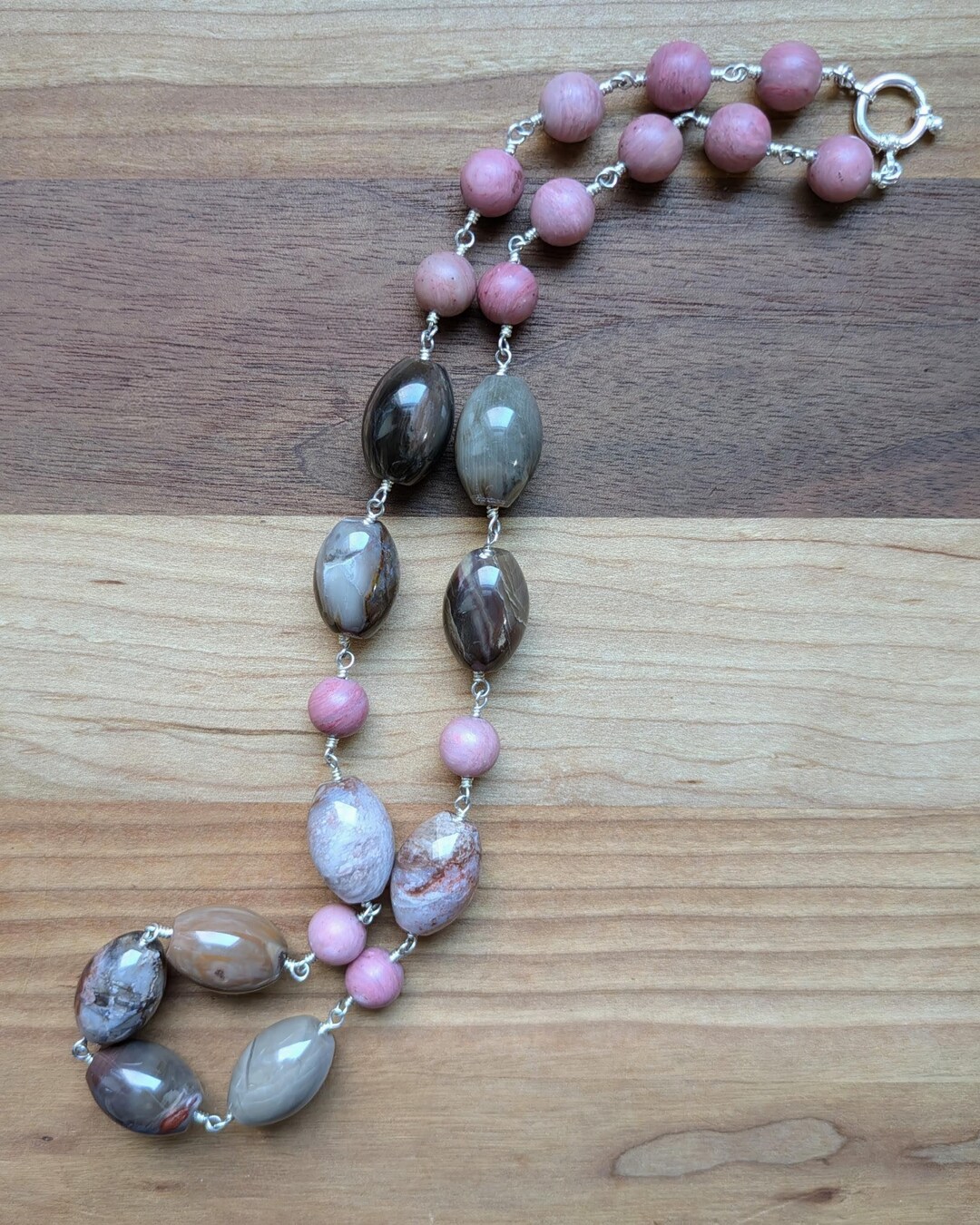 Petrified Wood & Rhodonite Necklace - Handmade OOAK Chunky Sterling ...