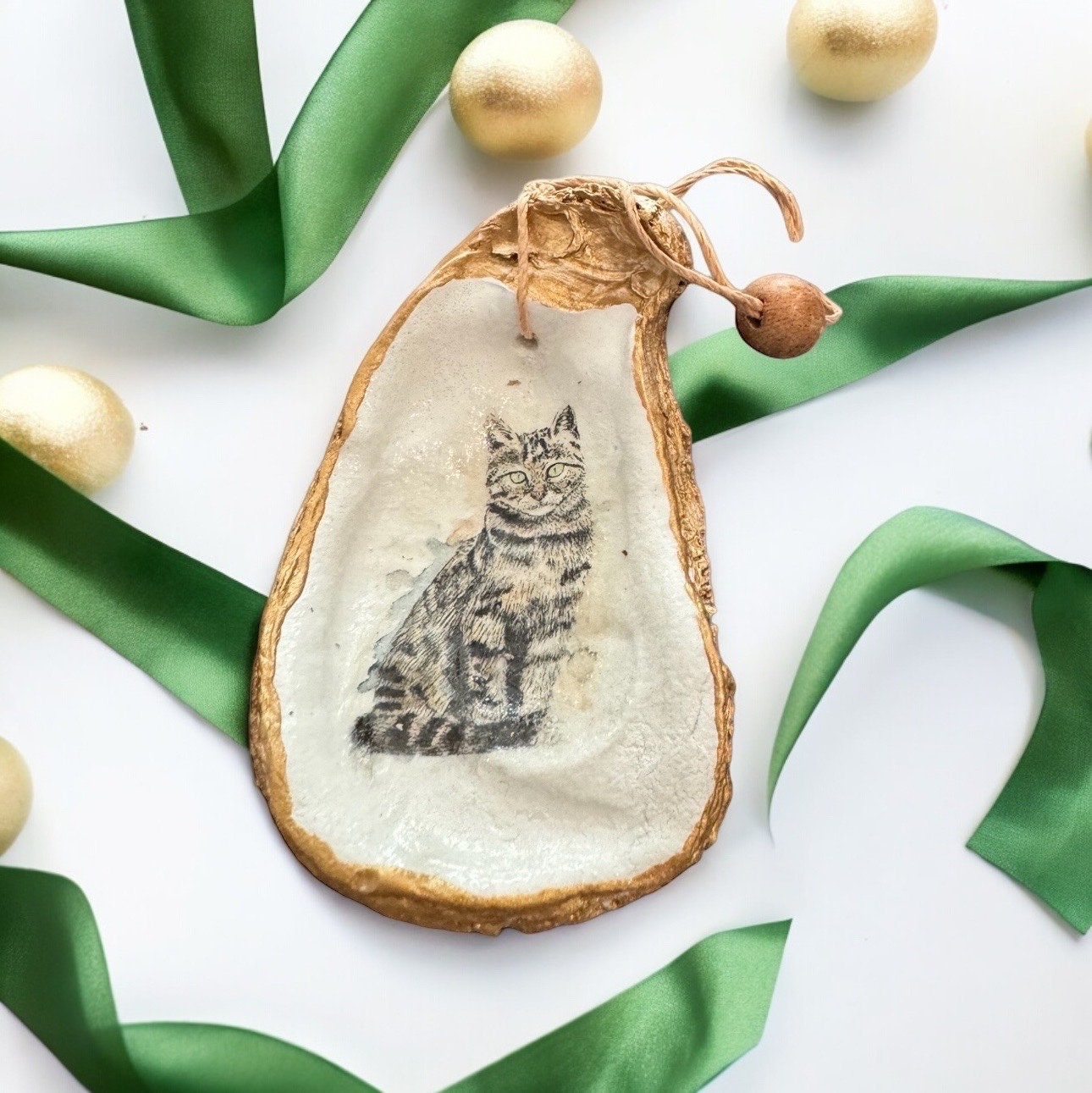 Adorable Tabby Cat Oyster Shell Ornament Unique Decoupage Gift Idea ...