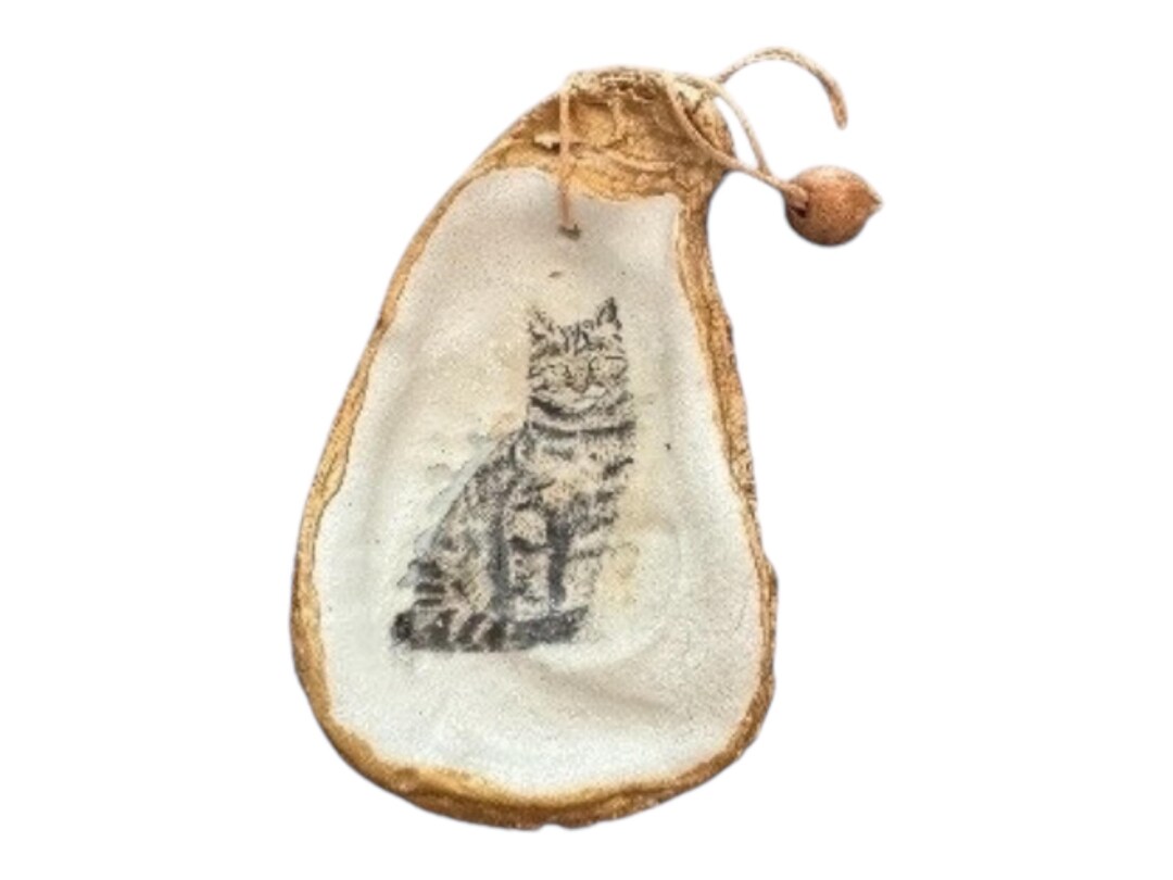 Adorable Tabby Cat Oyster Shell Ornament - Unique Decoupage Gift Idea ...
