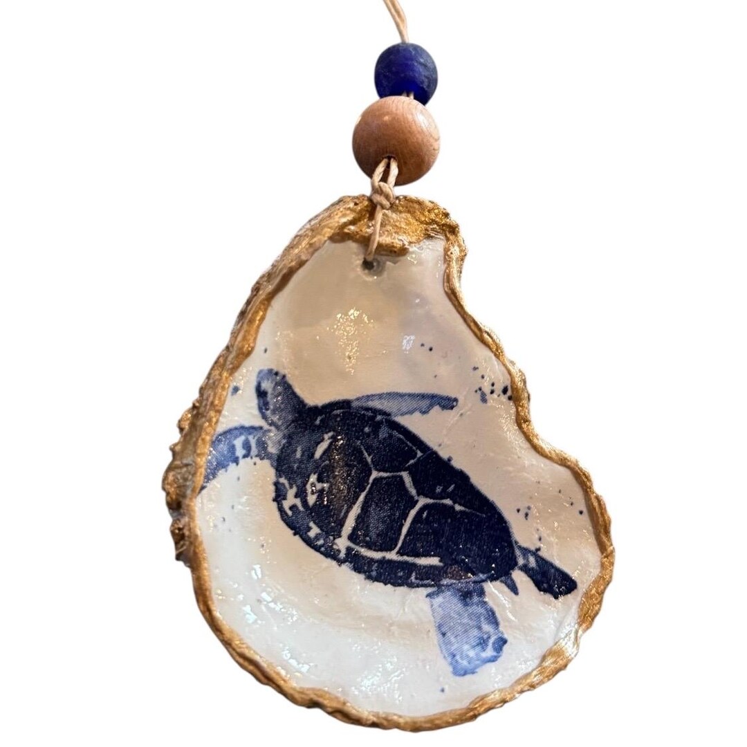 Whimsical Blue Sea Turtle Oyster Shell Ornament/ Wine Charm/ Shell Gift ...