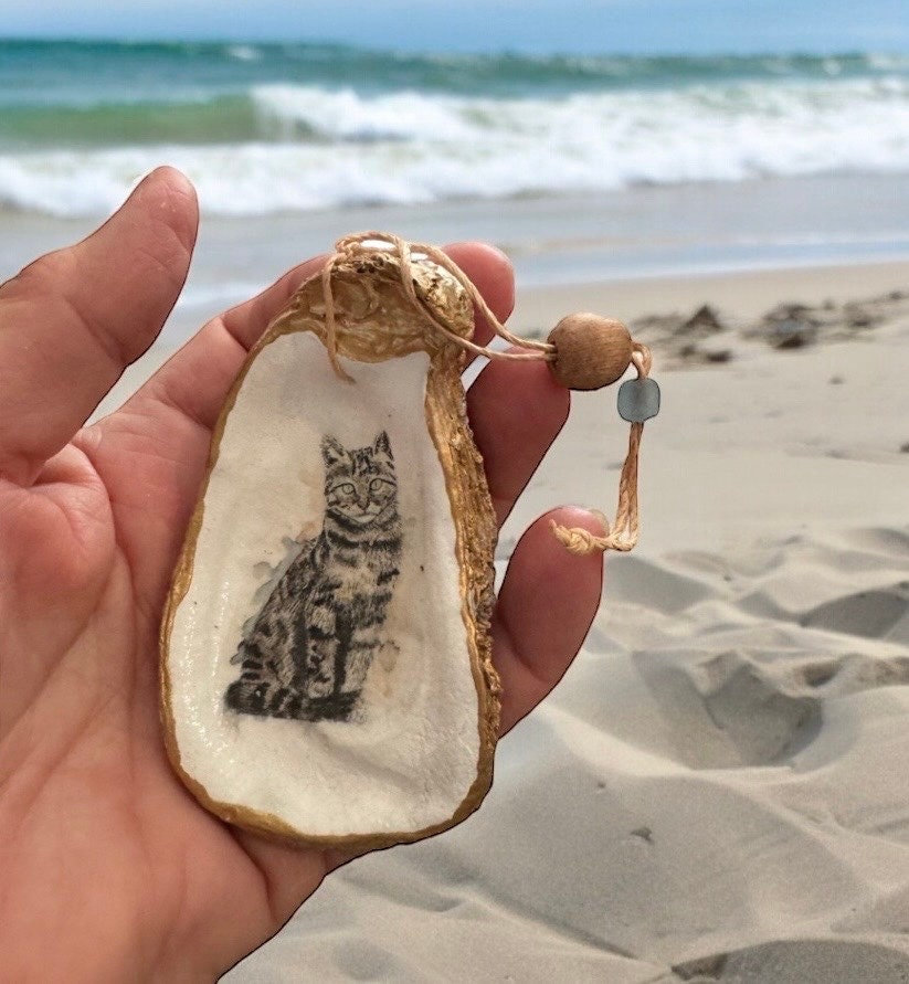 Adorable Tabby Cat Oyster Shell Ornament Unique Decoupage Gift Idea ...