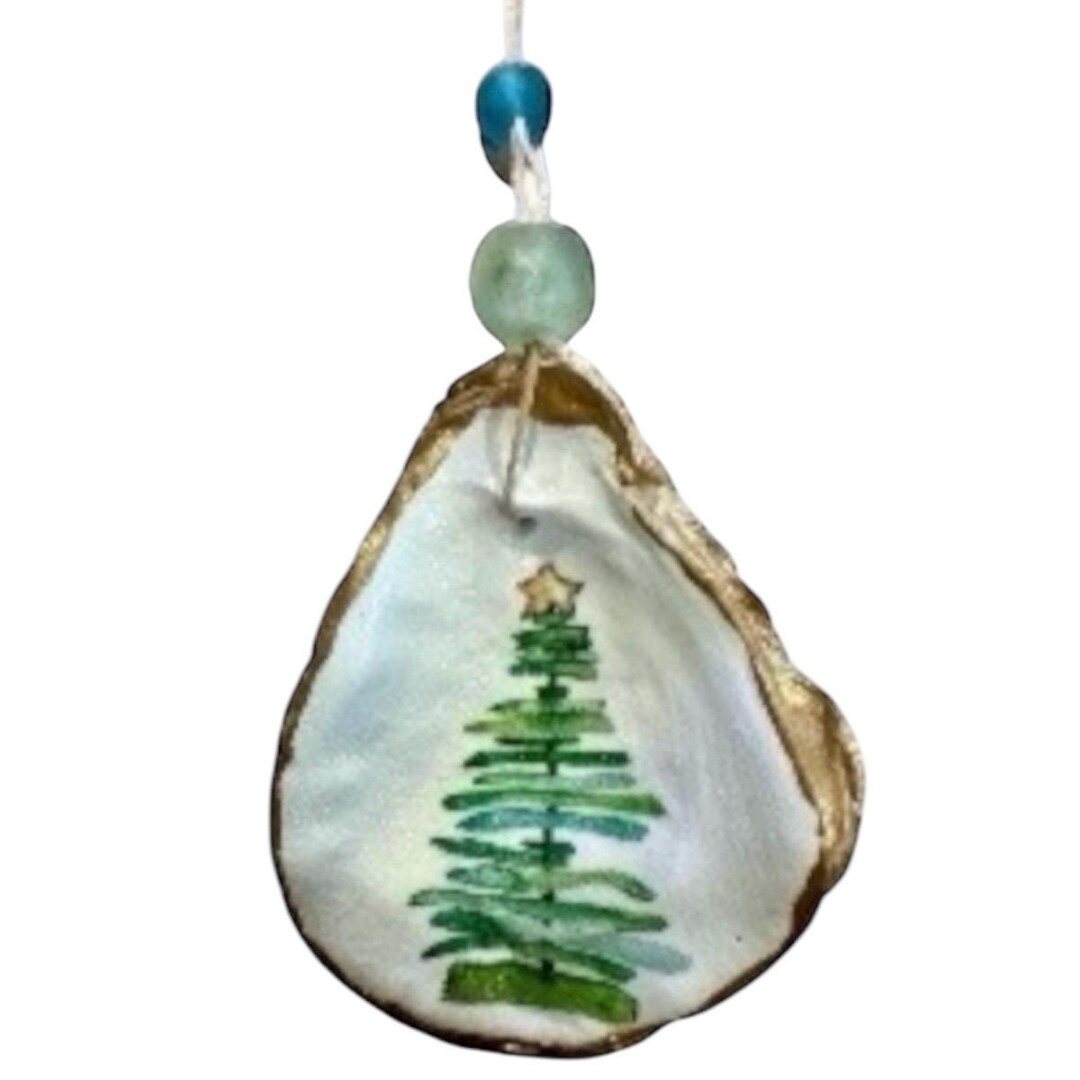 Seaside Charm: Handcrafted Oyster Shell Ornament With Green Driftwood ...