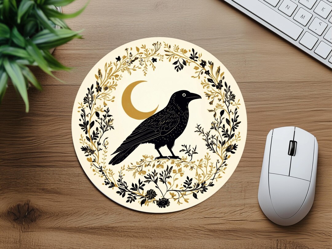 Crow Mouse Pad With Crescent Moon Floral Design, Gothic Black Gold ...