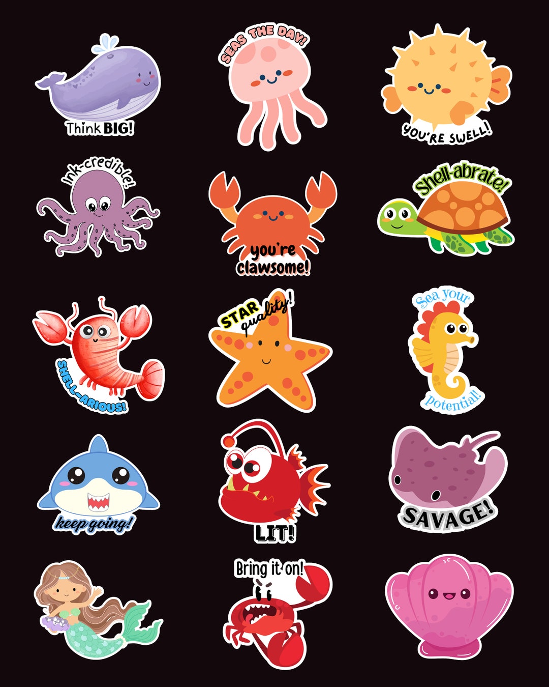 Fun Sea Creatures Stickers PNG Bundle - Etsy