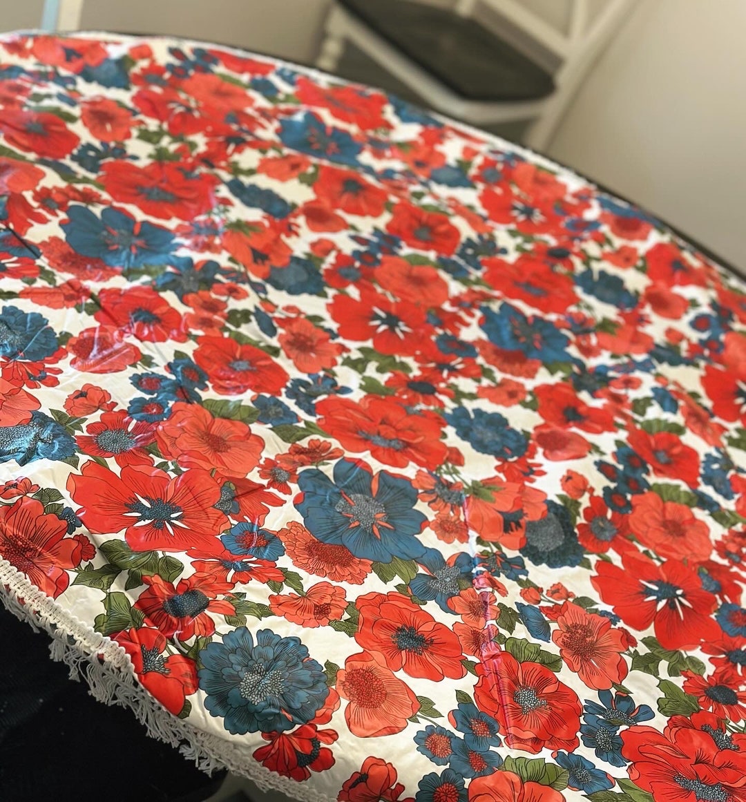 Vintage Round Red and Blue Floral Tablecloth - Etsy