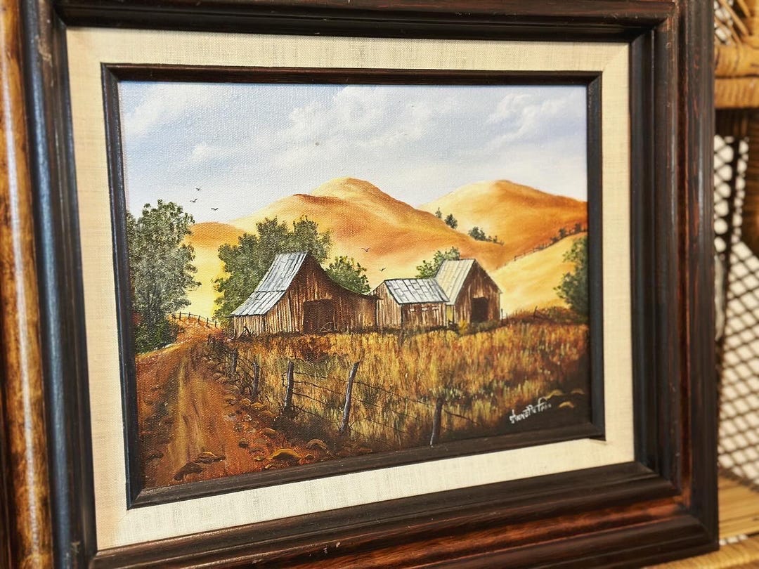Vintage Rustic Barn Oil Painting - Framed Western Landscape Art - 20x17 ...