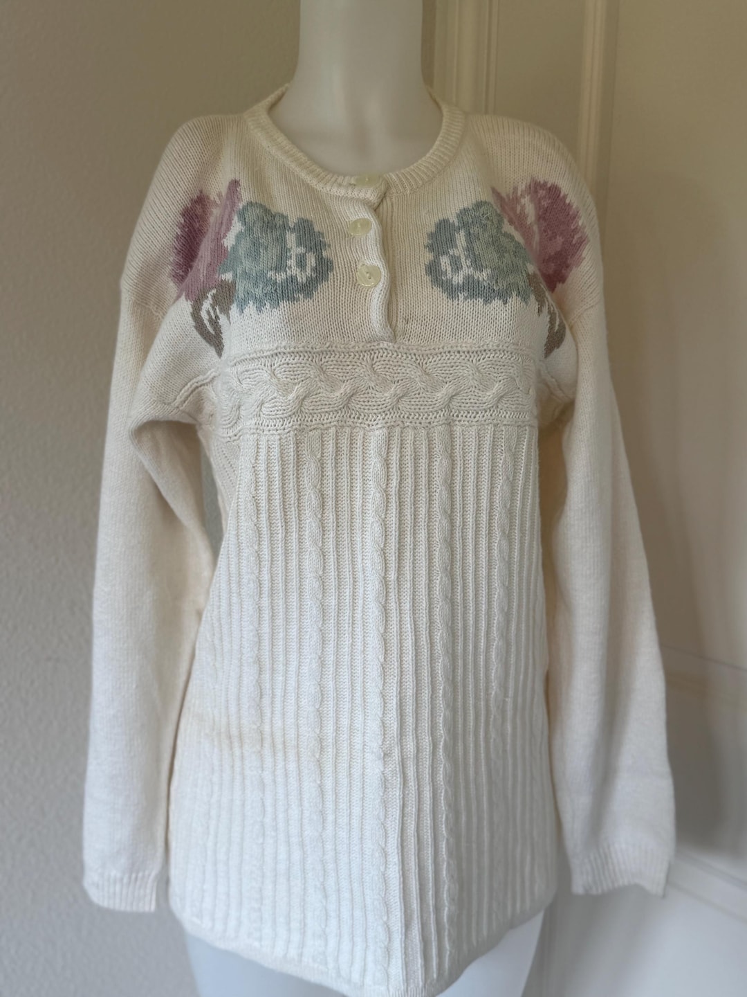 Vintage Andrea Gayle Sweater Medium – Floral Embroidered Knit, Ivory ...