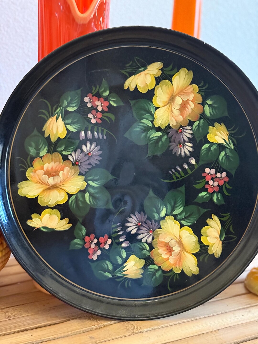 Vintage Hand-painted Floral Tole Tray Black Metal Serving Tray Shabby ...