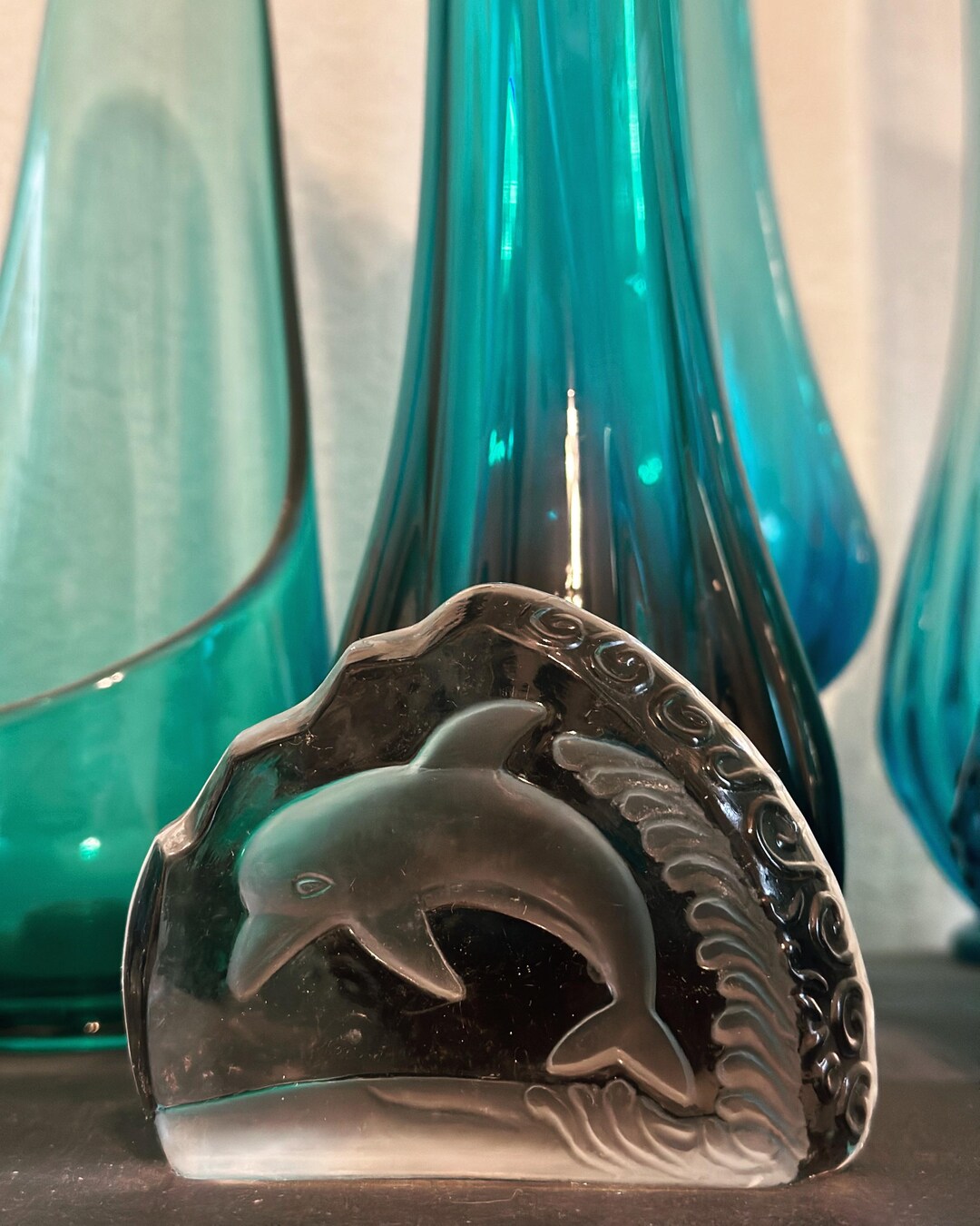 Vintage Etched Glass Dolphin Paperweight | Ocean Wave Crystal Sculpture ...