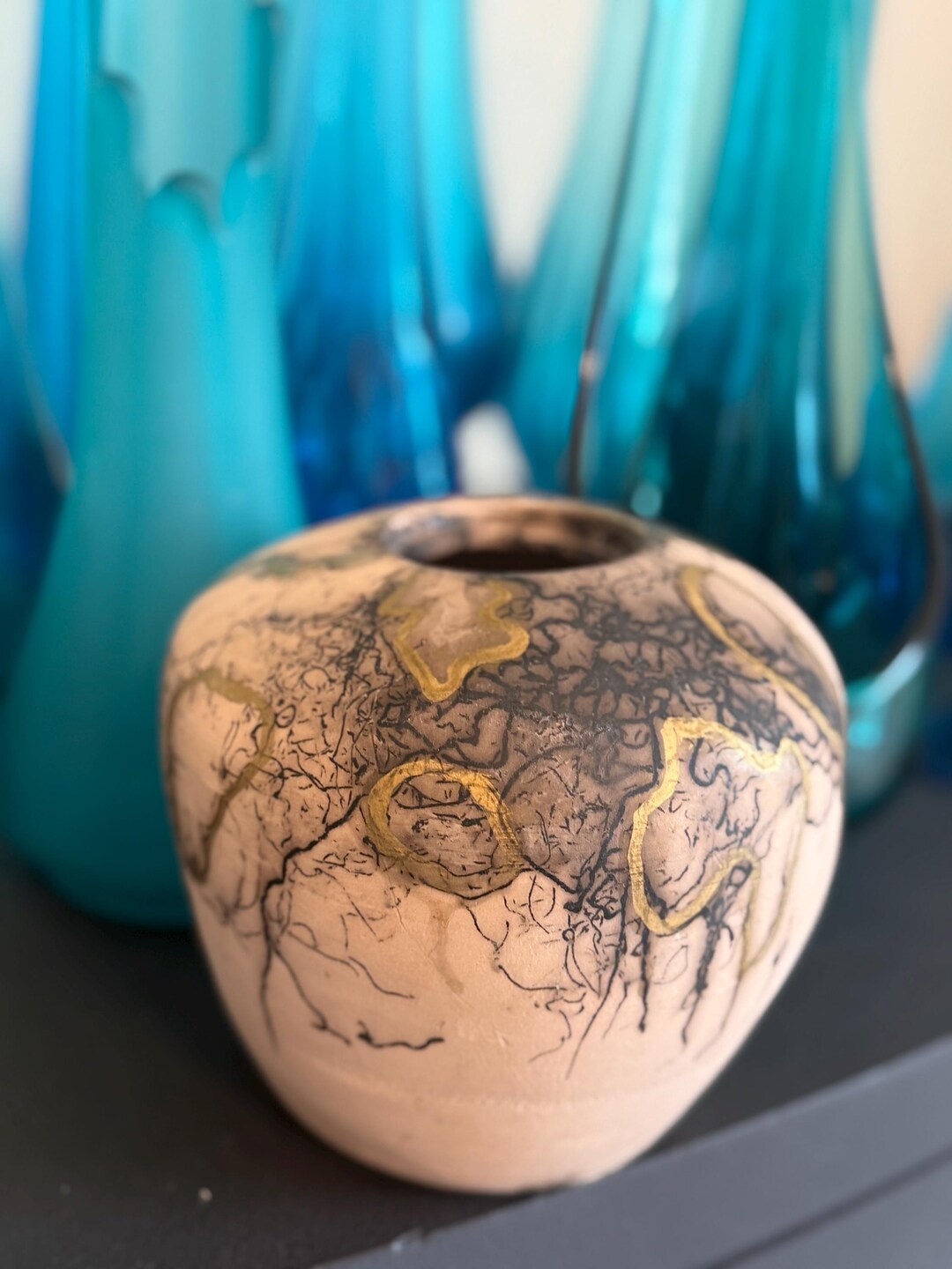 Handmade Horsehair Pottery Vase – Raku Fired Ceramic Art With Gold ...