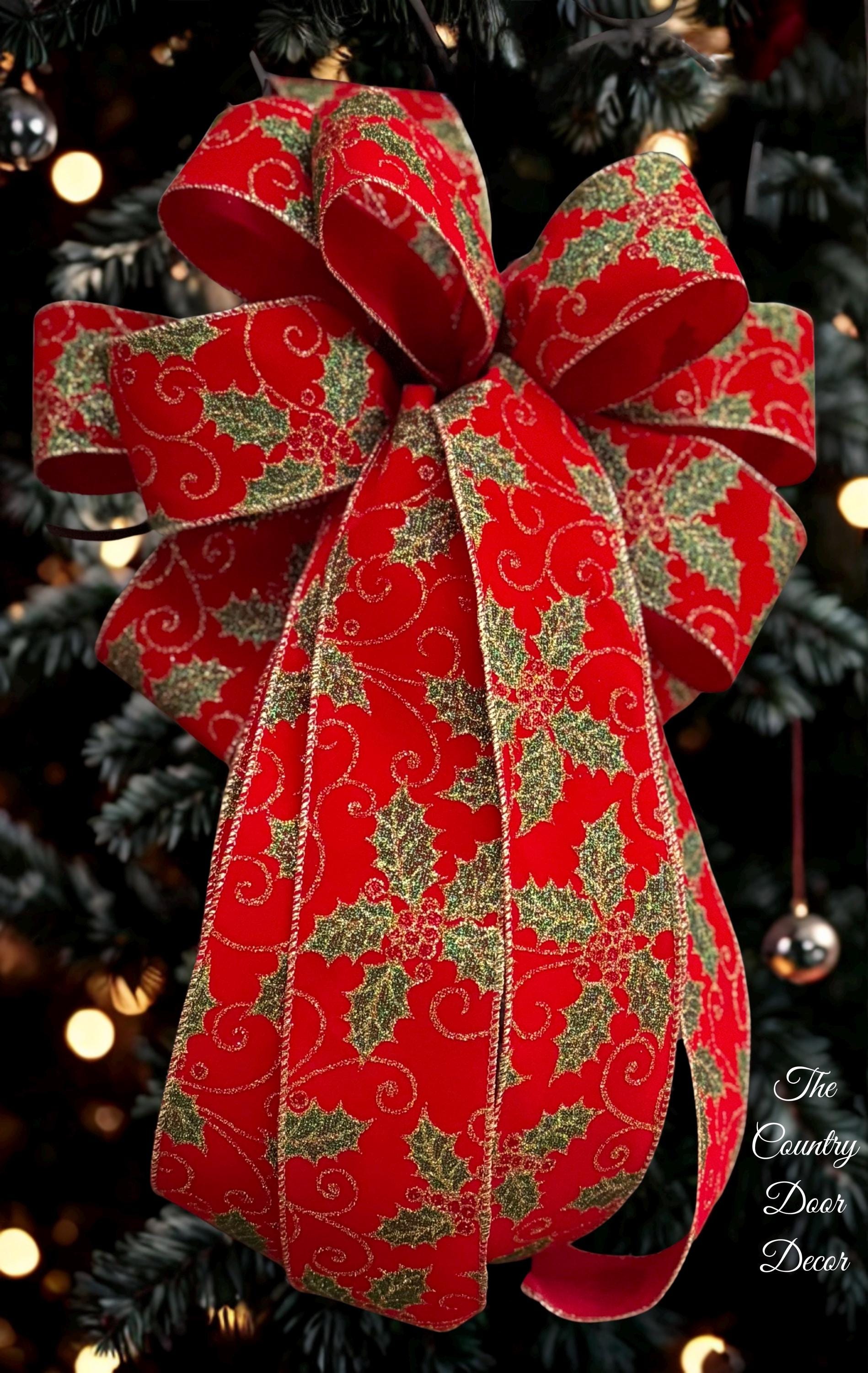 Handcrafted Christmas Holly Bow: Red Velvet & Glitter Wired Ribbon - Etsy