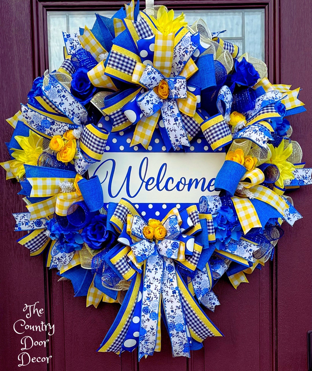 Unique Welcome Wreath, Blue and Yellow Floral Front Door Wreath, Luxury ...