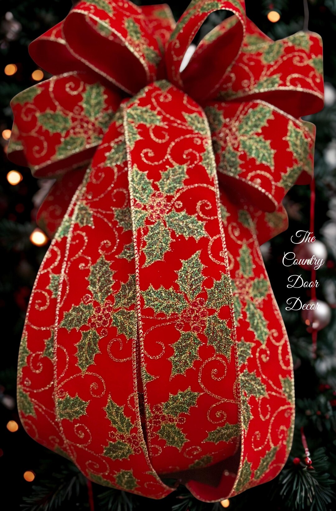 Handcrafted Christmas Holly Bow: Red Velvet & Glitter Wired Ribbon - Etsy