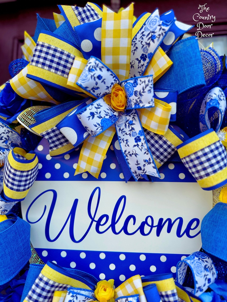 Unique Welcome Wreath, Blue and Yellow Floral Front Door Wreath, Luxury ...