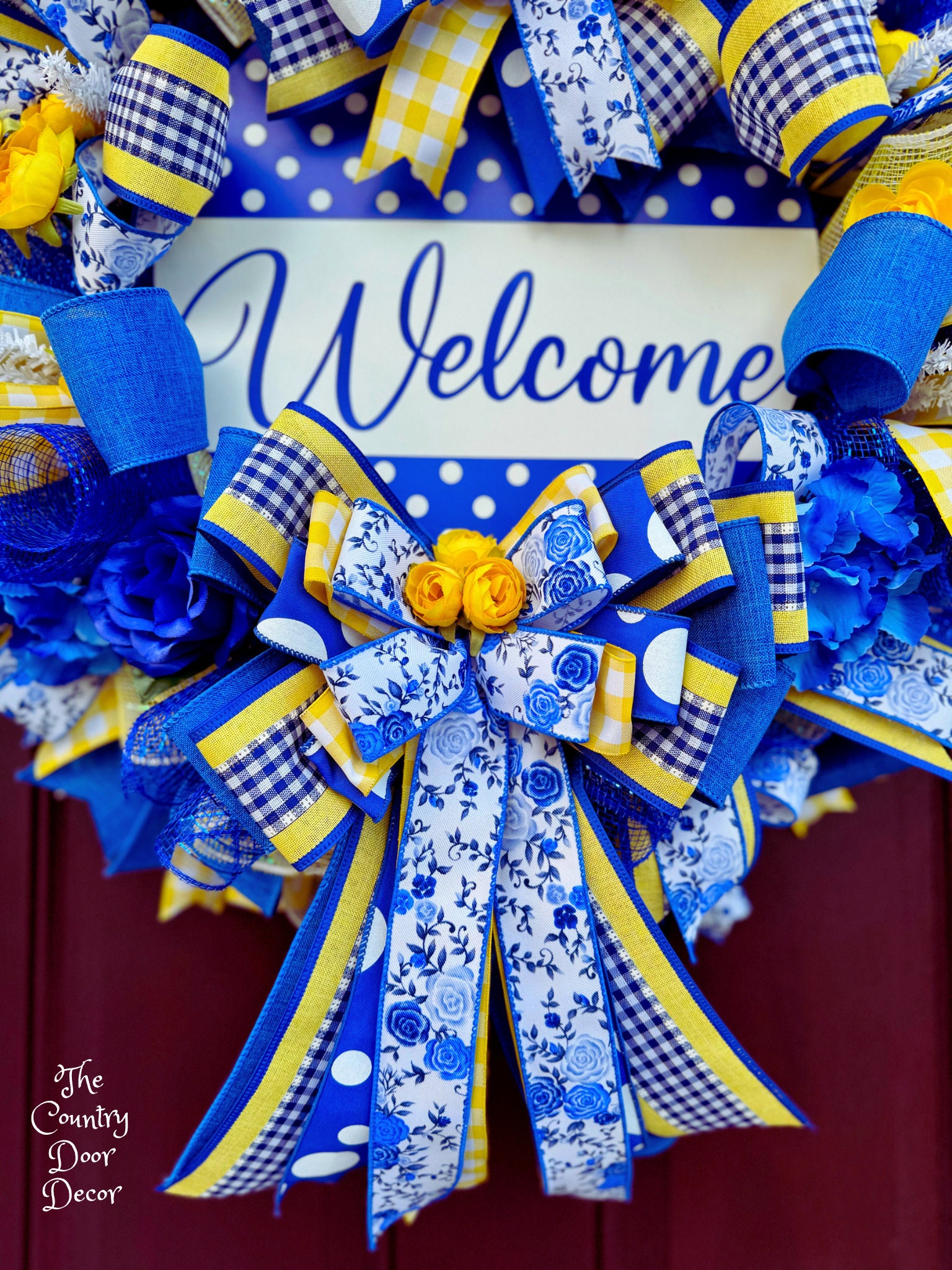 Unique Welcome Wreath, Blue and Yellow Floral Front Door Wreath, Luxury ...