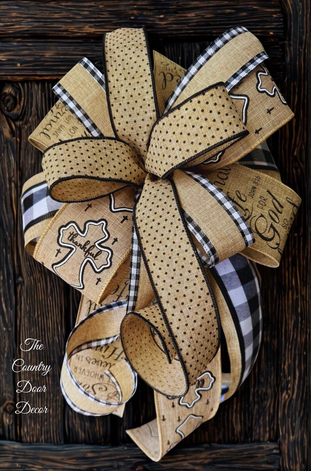 Handcrafted Religious Bow, Tan Buffalo Plaid, John 3:16 Scripture ...