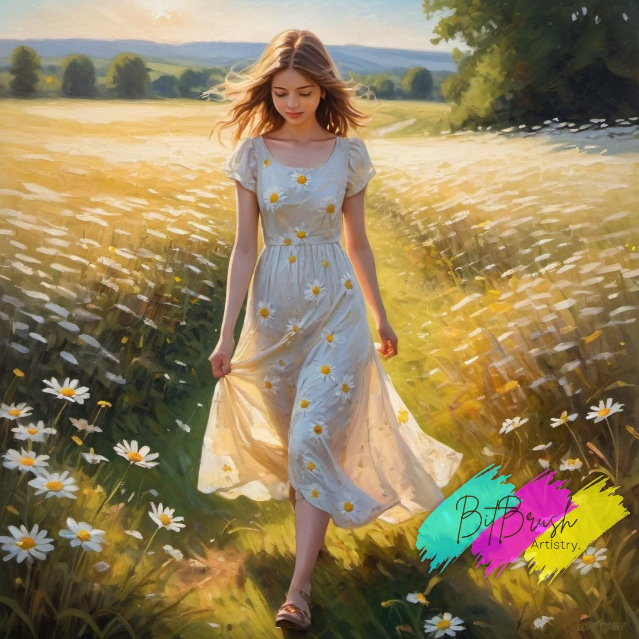Set of 3 Daisy Field Girl, Floral Gallery Set, Serene Art, Digital Wall ...