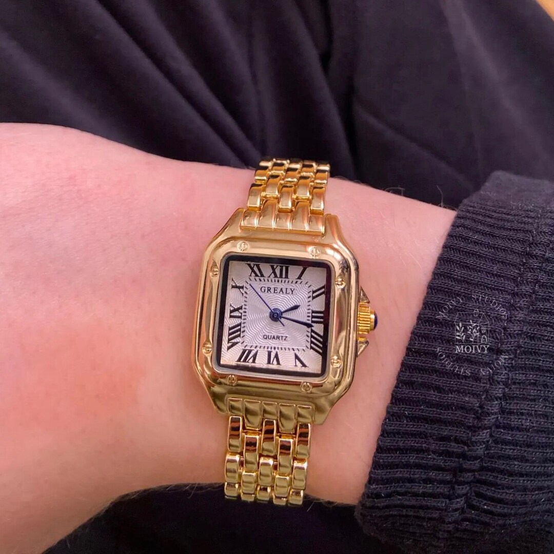 Gold Tank Ladies Watch, Chain Link Rectangular Watch, Square Women ...