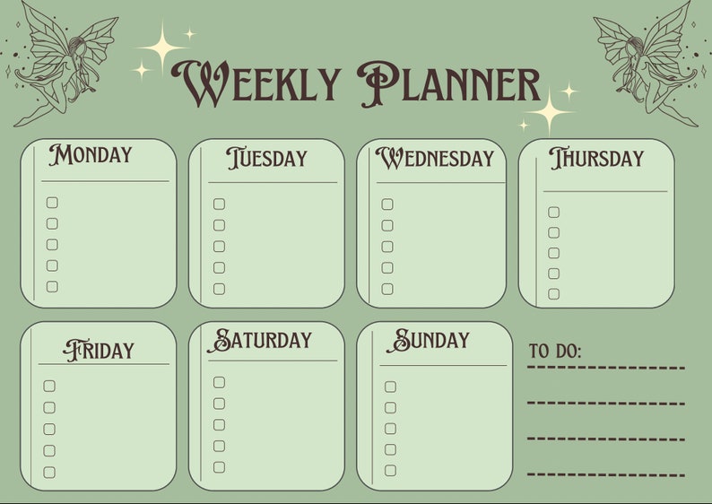 Fairycore Green Digital Weekly Planner Template - Etsy