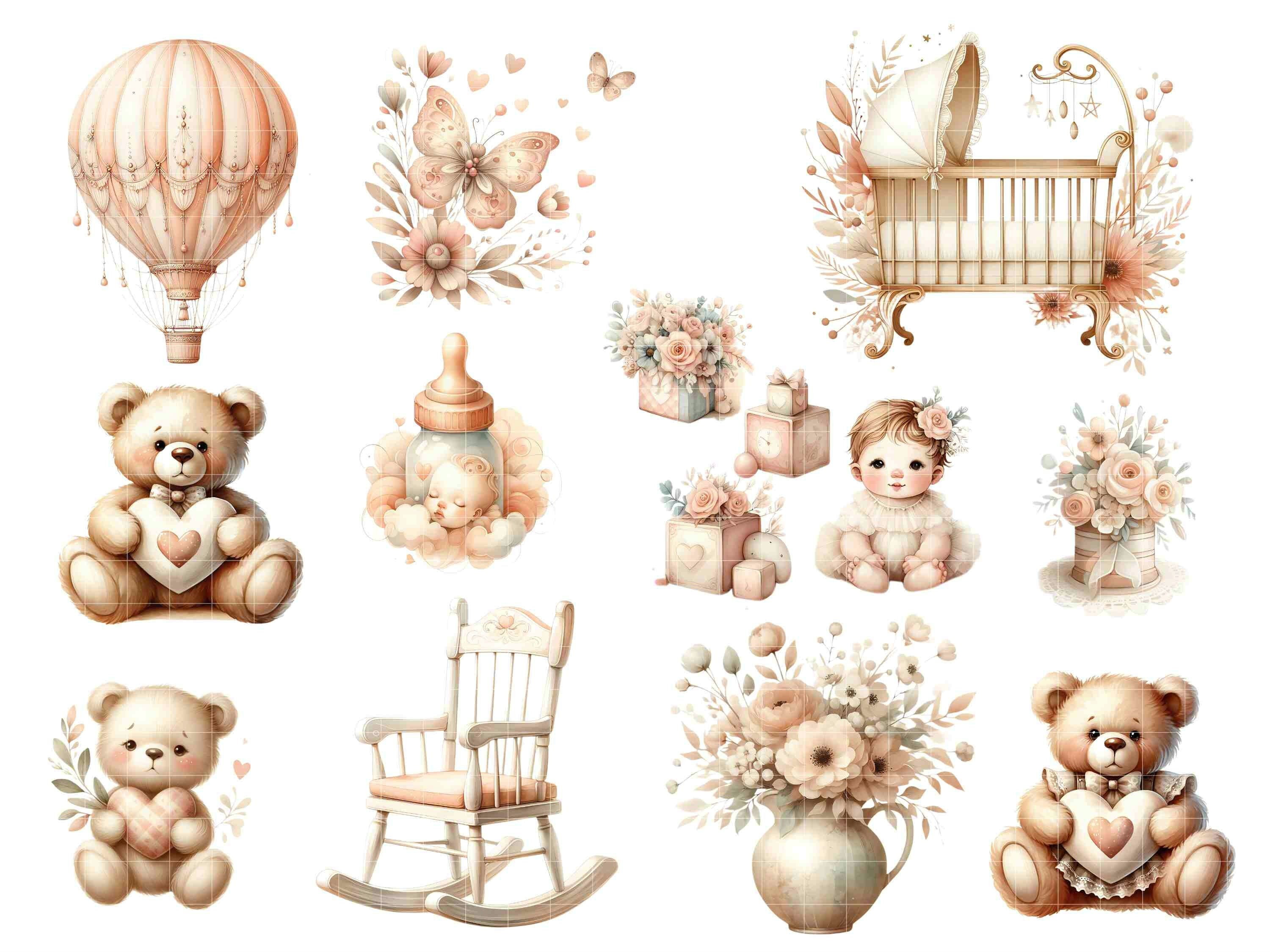 Vintage Baby Clipart, Watercolor Baby Clipart, Nursery Decor Clipart ...