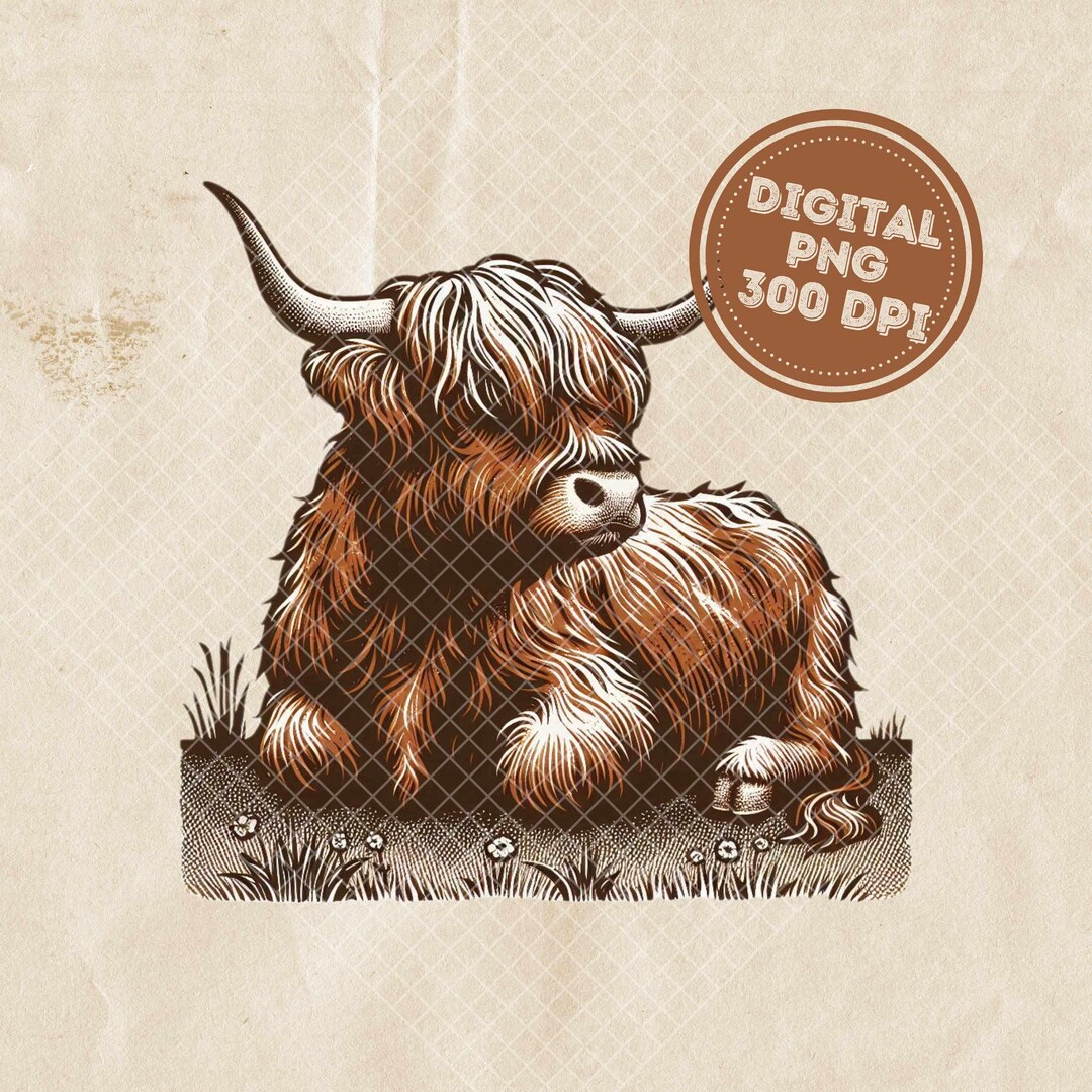 Highland Cow PNG Clipart – Vintage Screen Print Style, Farmhouse Rustic ...