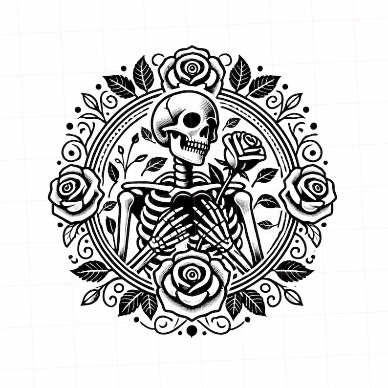 Skeleton and Roses PNG - Gothic Floral Design in Black & White - High ...