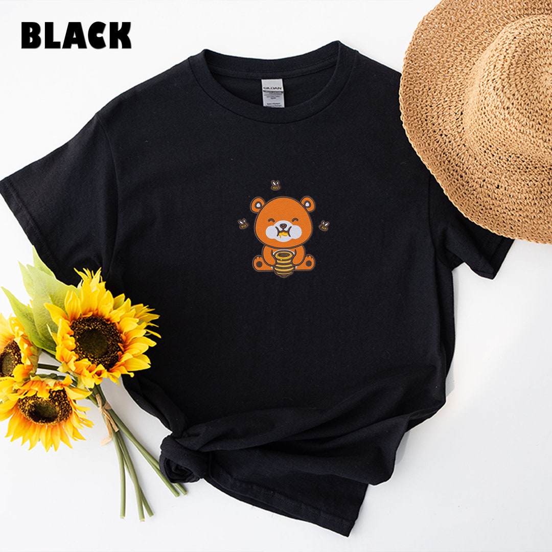 Embroidered Bear Eating Honey T-shirt, Bear and Honey Tee, Cute Bear ...