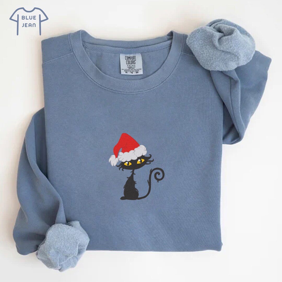 Embroidered Christmas Santa Cat Sweatshirt, Happy Cat Year Sweater ...
