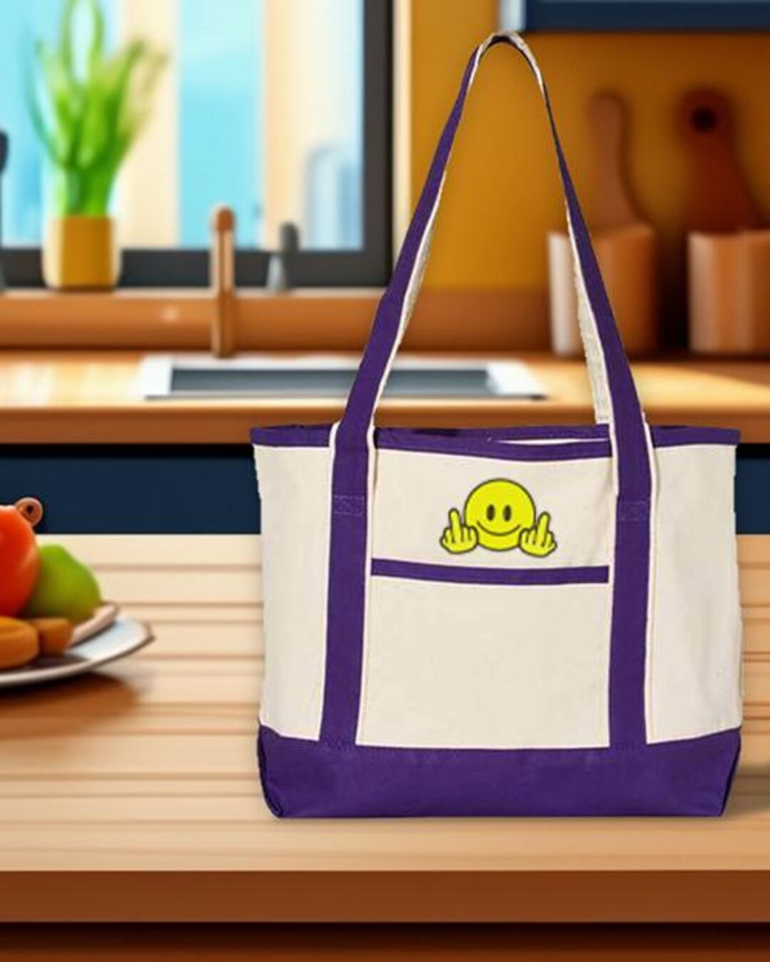 Embroidered Smiley Face Fingers Deluxe Tote Bag, Cute Face Smiley Bag ...