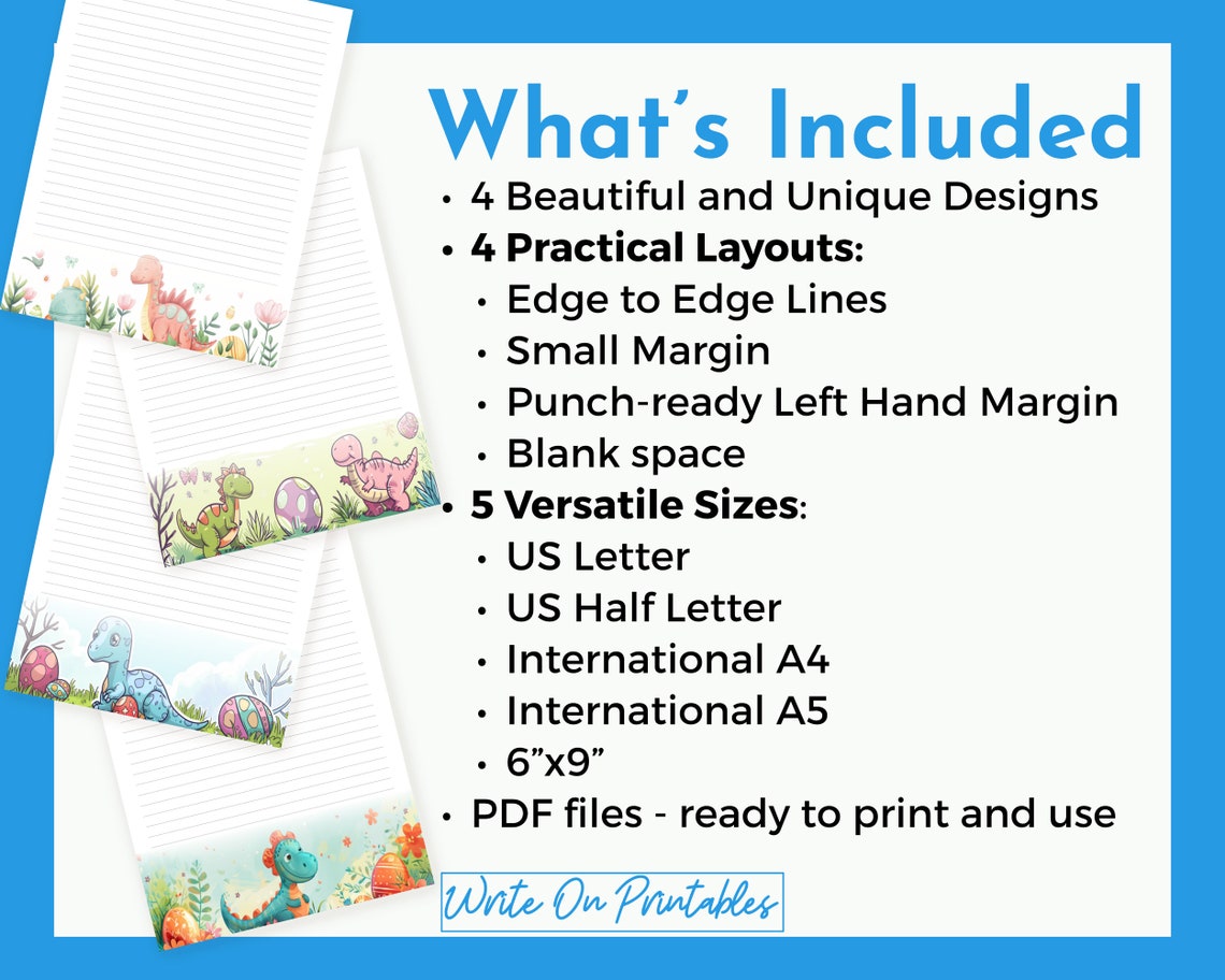 Cartoon Dinosaurs Printable Writing Paper Versatile 5 Paper Sizes Four ...