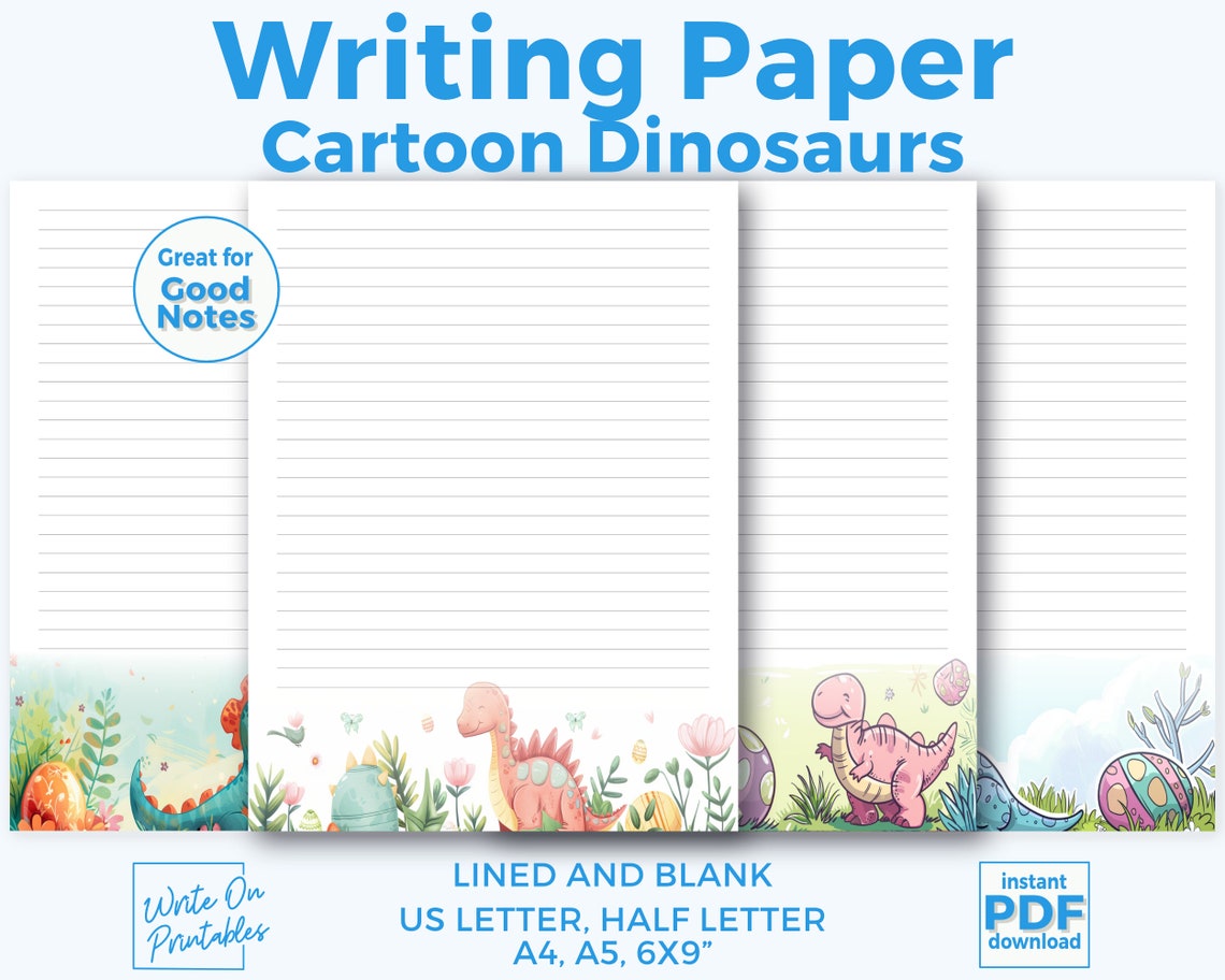 Cartoon Dinosaurs Printable Writing Paper Versatile 5 Paper Sizes Four ...