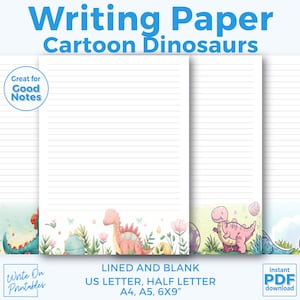 Cartoon Dinosaurs Printable Writing Paper Versatile 5 Paper Sizes Four ...