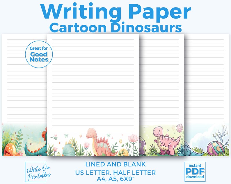 Cartoon Dinosaurs Printable Writing Paper Versatile 5 Paper Sizes Four ...