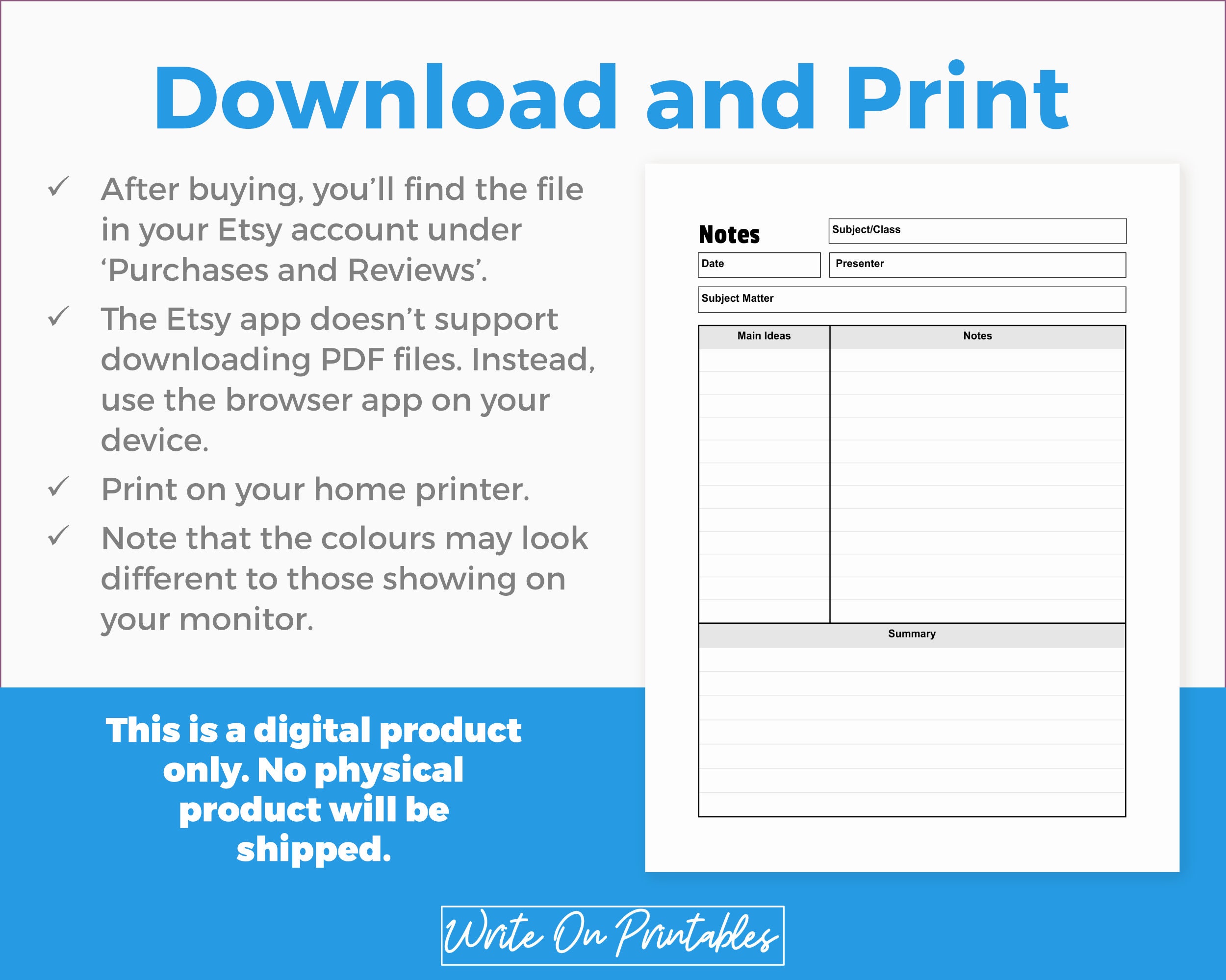 Study Notes Printable Pack Minimalist Notepaper in Five Colors and ...