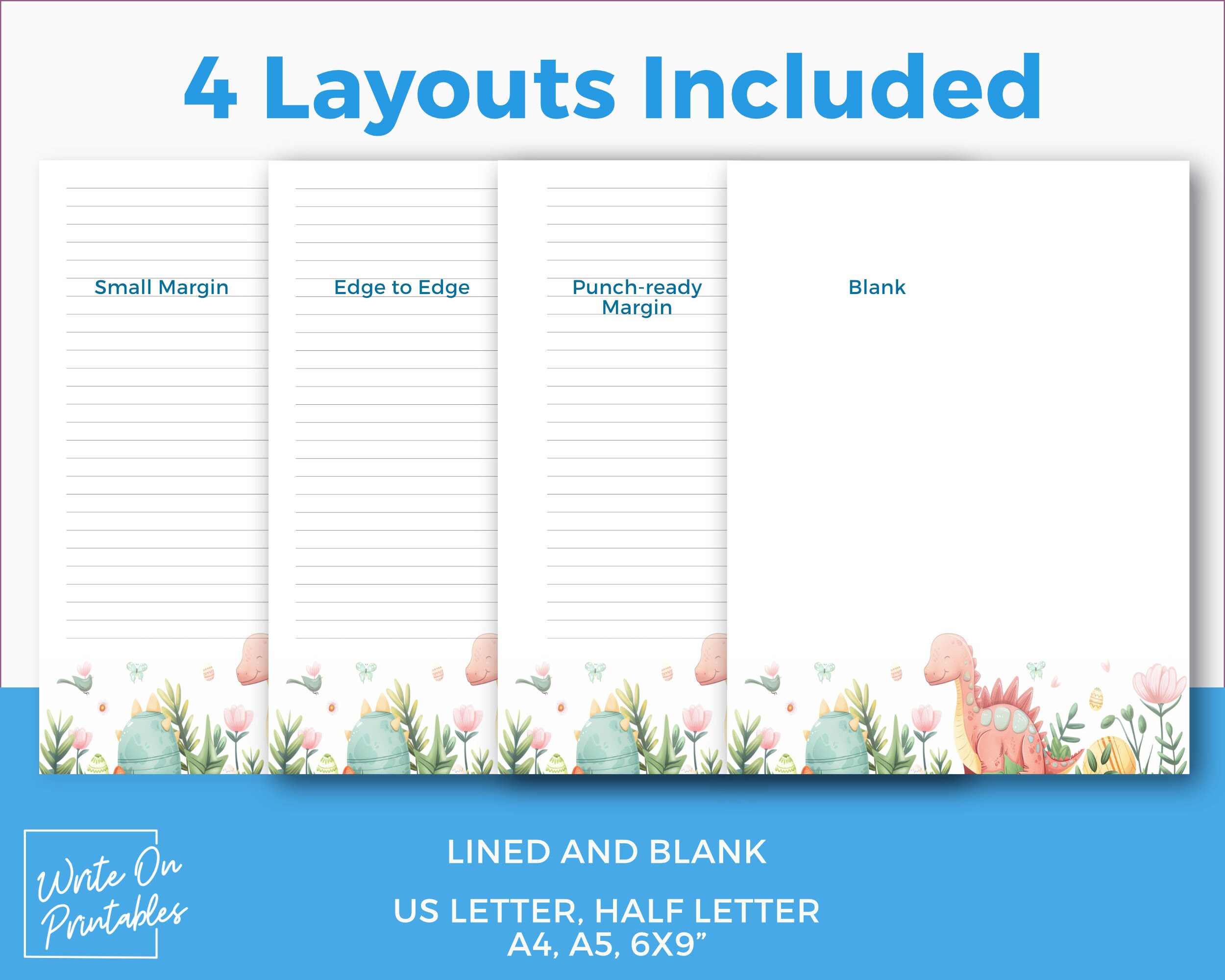 Cartoon Dinosaurs Printable Writing Paper Versatile 5 Paper Sizes Four ...