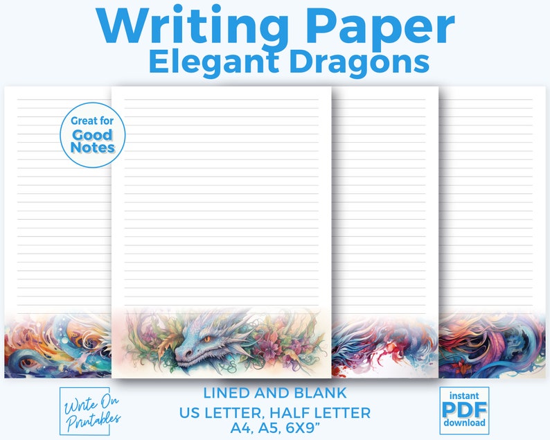 Dragons Stationery Set A4, A5, Letter Sizes Printable Writing ...