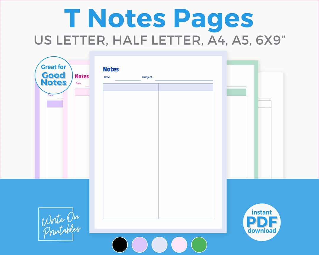 T-notes Printable Pack Minimalist Notepaper 5 Colors 5 Sizes Study and ...